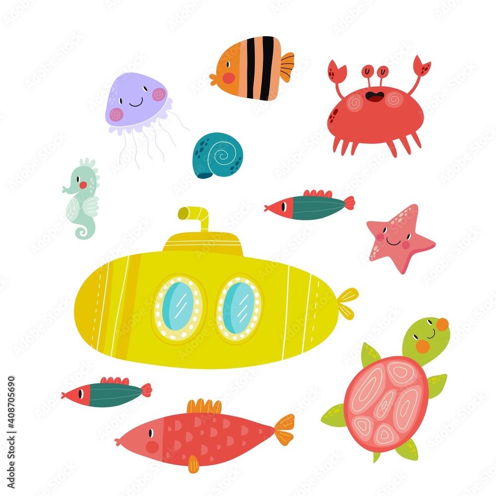 Cute cartoon vector illustration - Sea life. Exploring the underwater ...