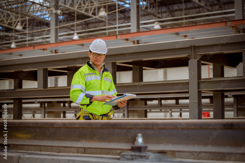 Portrait engineer under inspection and checking construction process ...