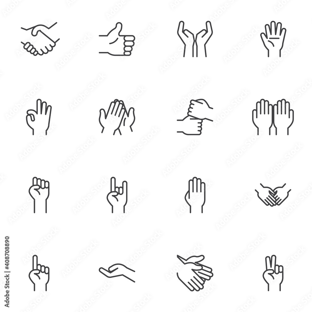 Hand gestures line icons set, outline vector symbol collection, linear ...