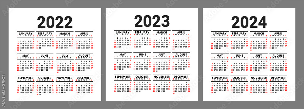 Calendar 2022, 2023 and 2024 years. English vector set. Square wall or ...