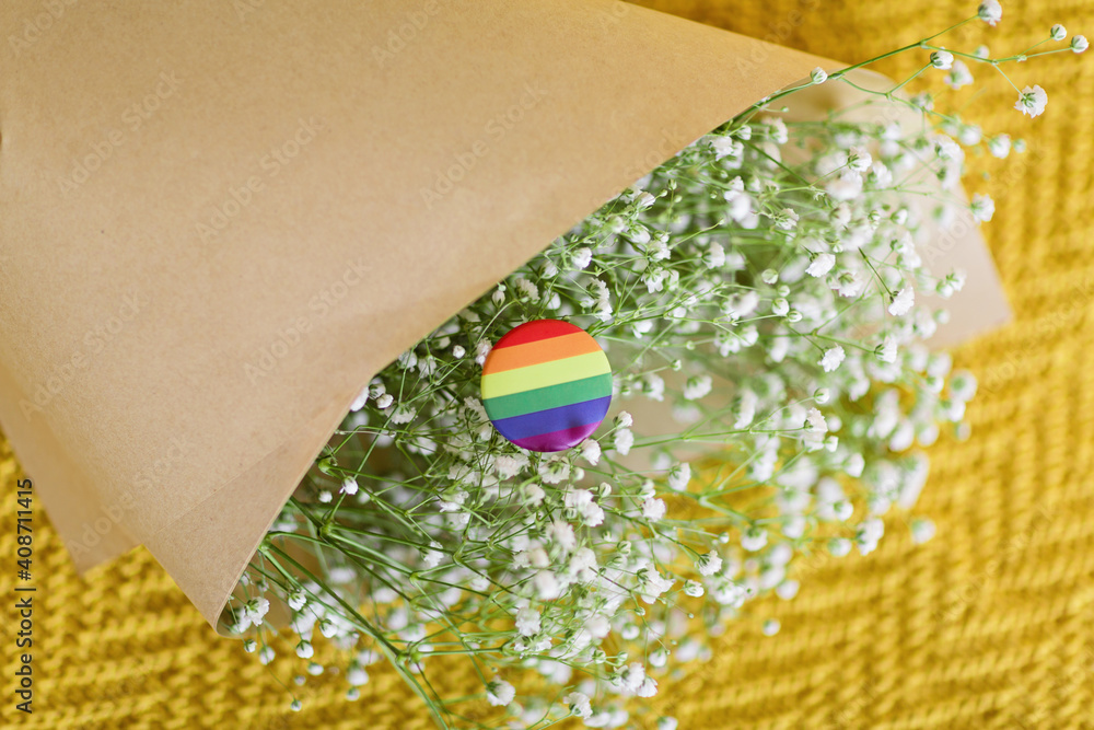 Bouquet of white gypsophila flowers with the LGBT pride flag coloured ...