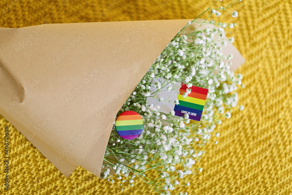 Bouquet of white gypsophila flowers with the LGBT pride flag coloured ...