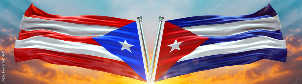 Cuba Flag and Puerto Rico flag waving with texture sky Cloud and sunset ...