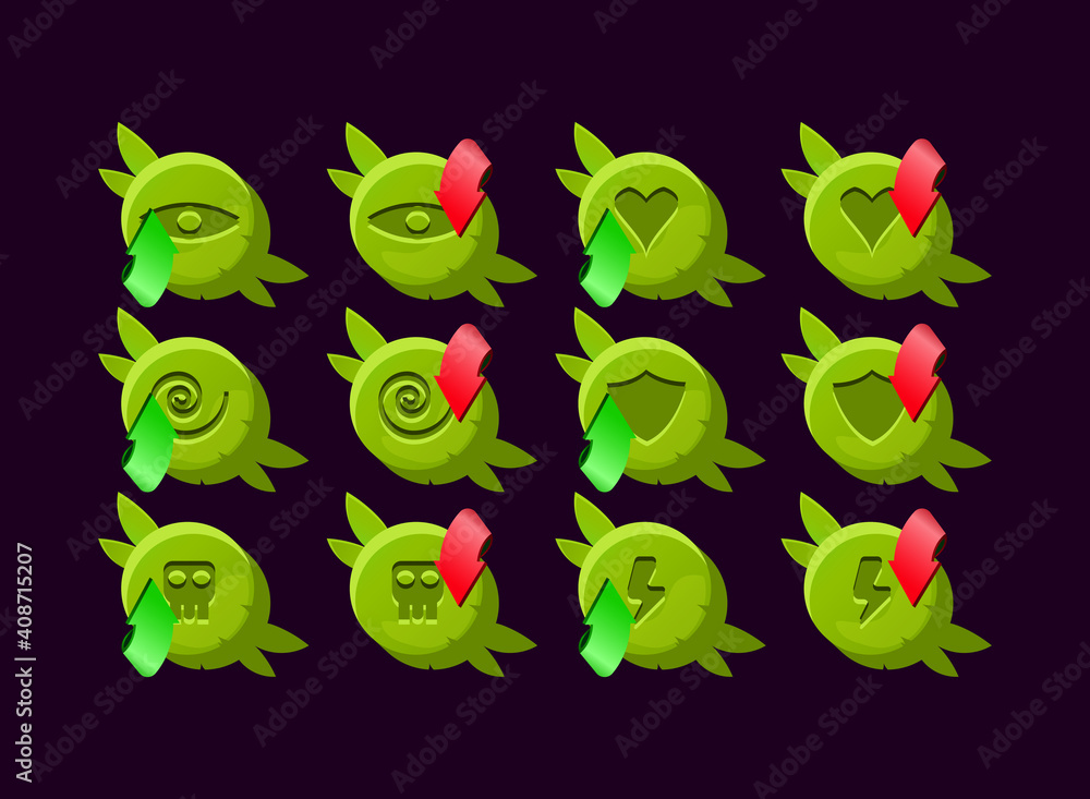 set of game ui rounded wooden nature leaves magic power up icon for gui ...
