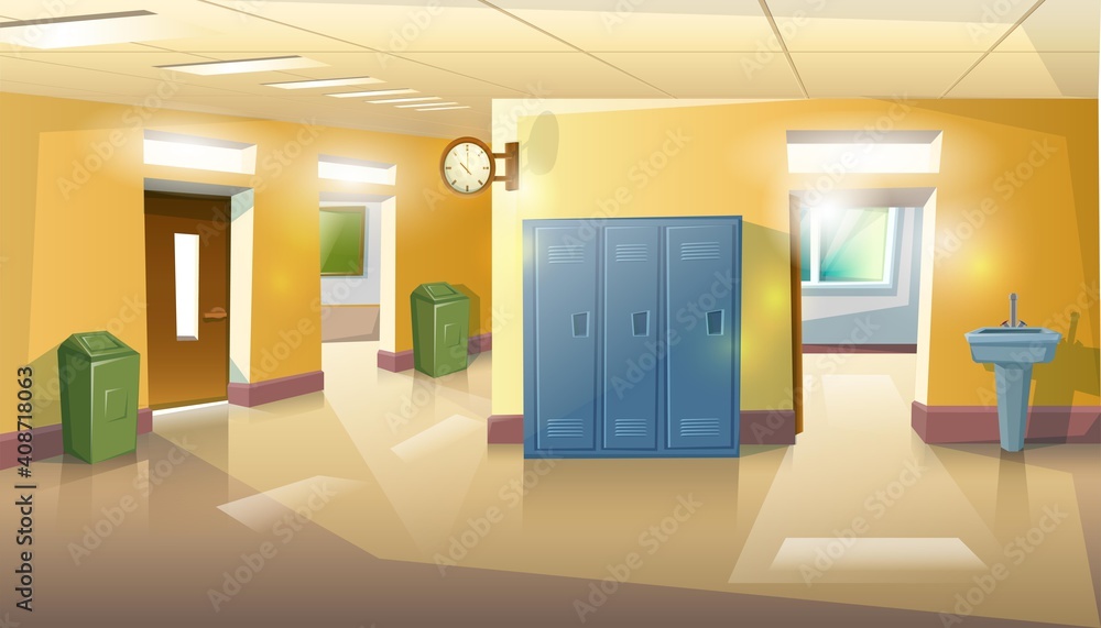 Vector cartoon style school hall with doors and classes, rubbish and ...