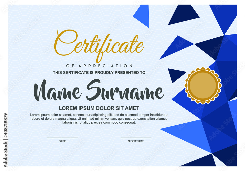 Blue Certificate Template With Unique Frame Border. Vector Illustration ...