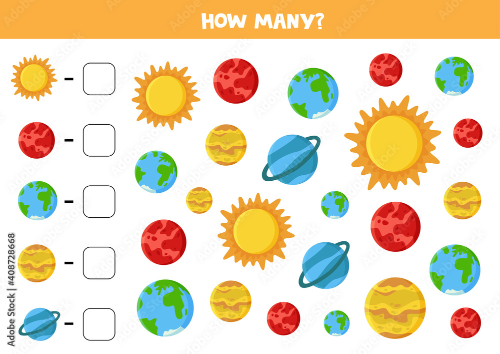 Counting game with cute cartoon planets. Math worksheet. I spy. Stock ...
