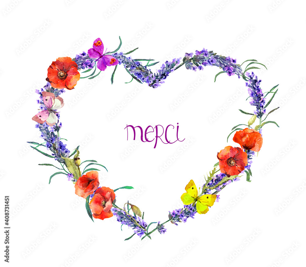 Lavender heart. Floral frame with flowers, french text Merci ...