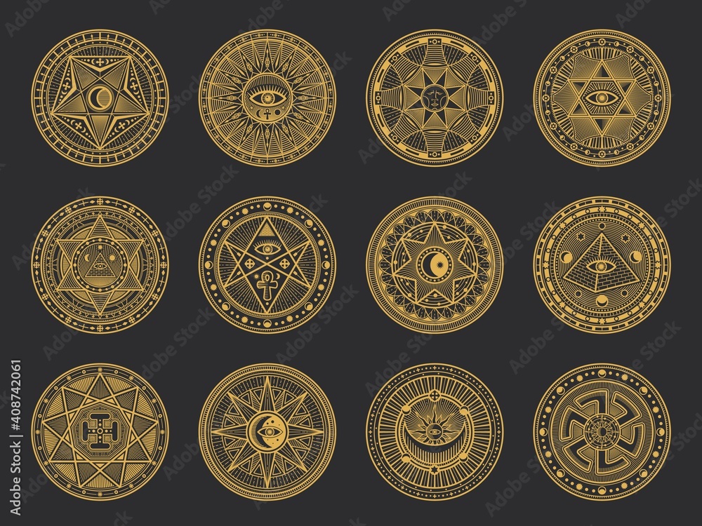 Magic symbols with vector alchemy and occult science, esoteric religion ...