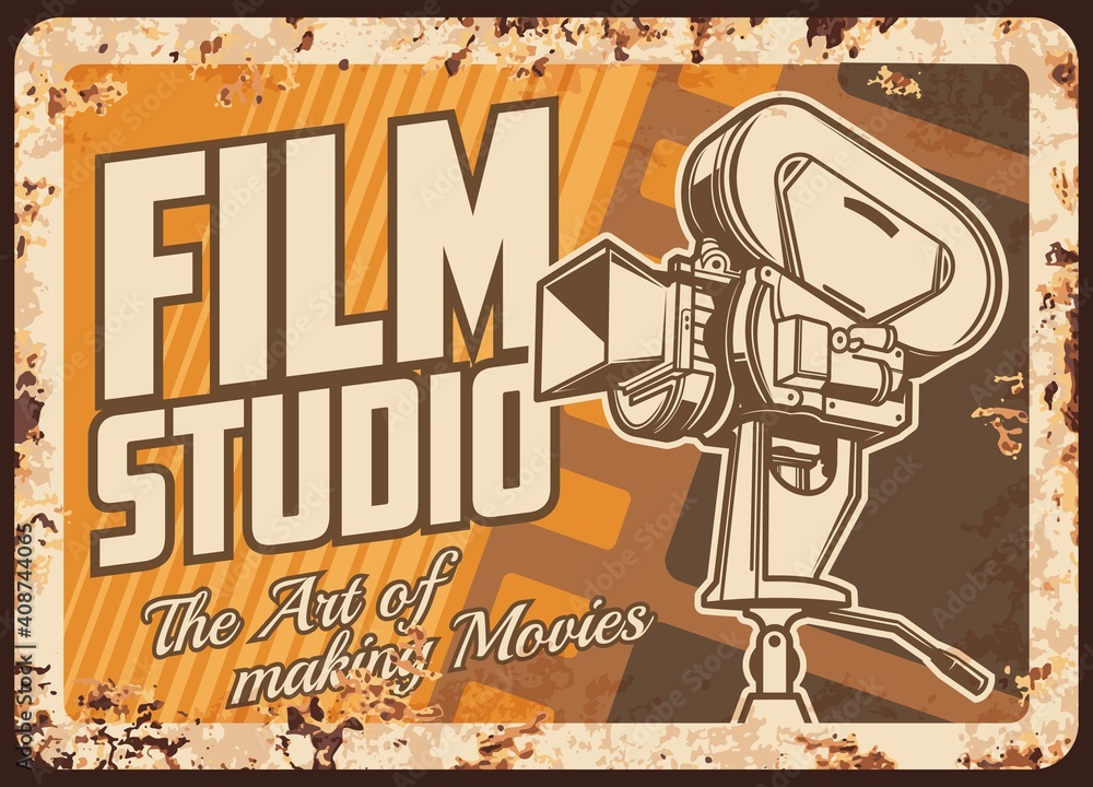 Film studio rusty metal plate, cinema or movie festival vector rust tin ...