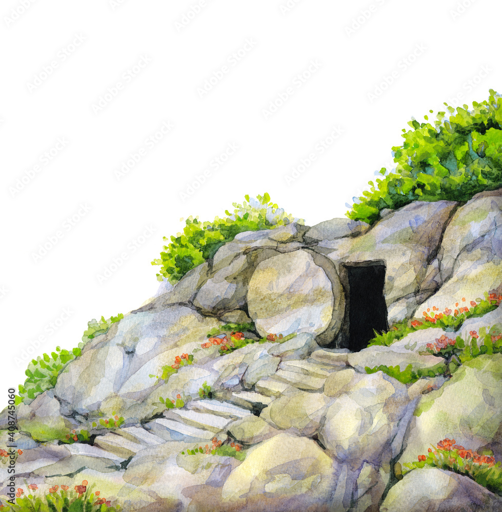 Open empty tomb. Watercolor painting Stock Illustration | Adobe Stock