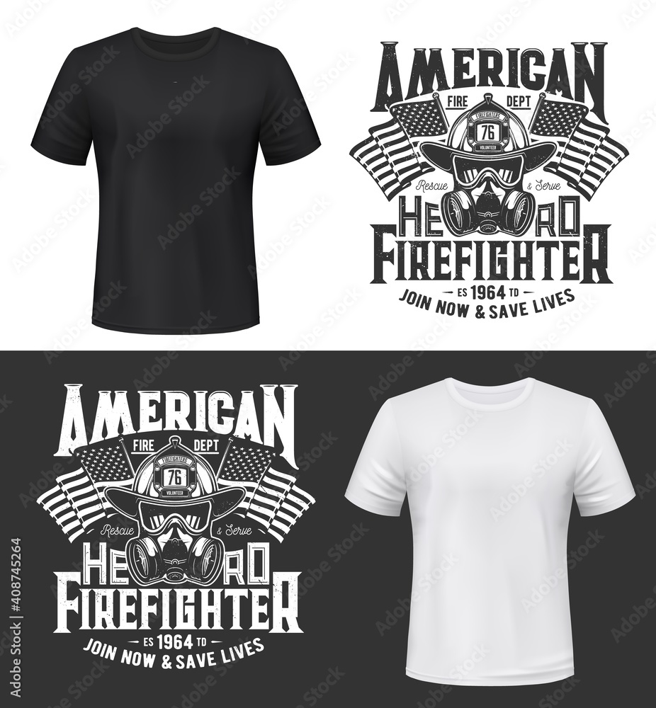 Tshirt print with firefighters gas mask, glasses, helmet and american ...