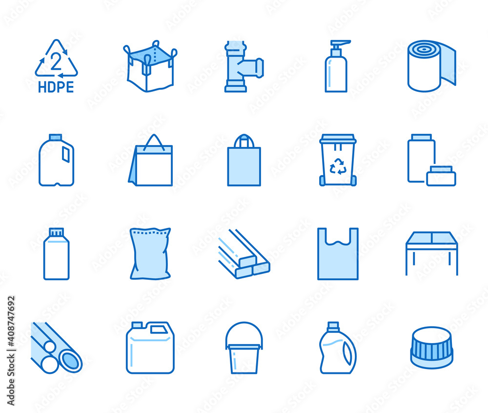High density polyethylene flat line icons. HDPE products - jerry can ...
