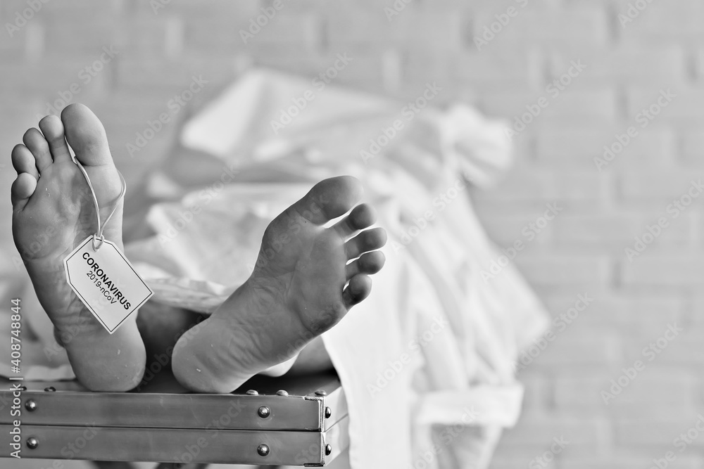 concept imitation morgue, coronavirus victim killed by 2019-ncov, legs ...