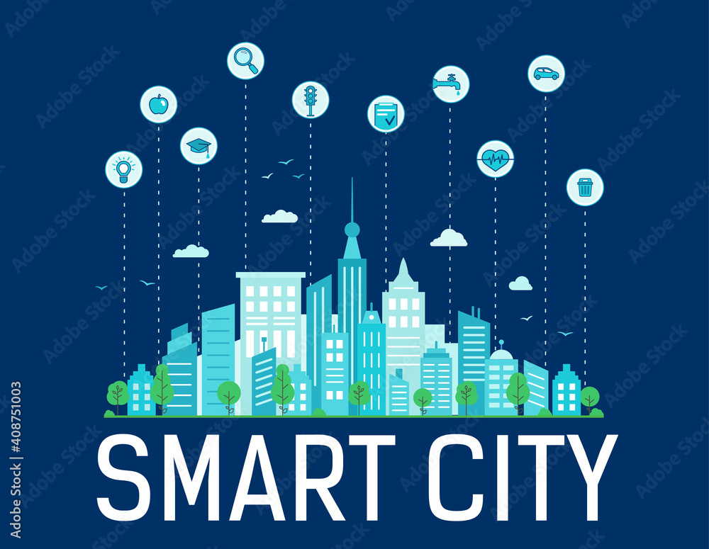 text Smart city on dark background. Modern blue city. Vector ...