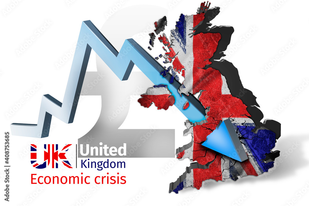 Recession graph. Financial crisis concept. The blue arrow graph pierces ...