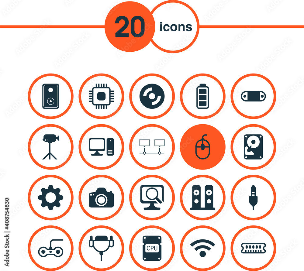 Hardware icons set with scan computer, central processor unit, audio ...