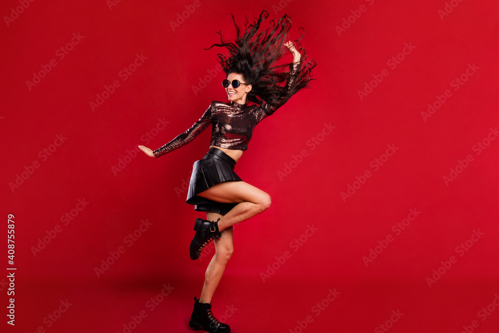 Full body profile side photo of charming lady dance fly hair raise hand ...