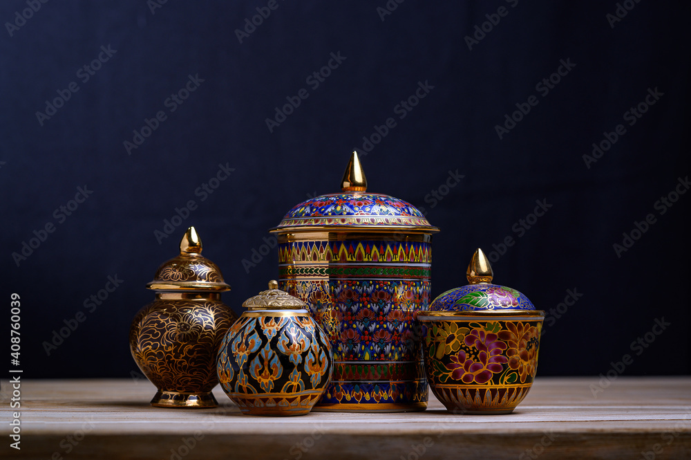 Benjarong porcelain, Thai style. Old colorful thai porcelain with ...