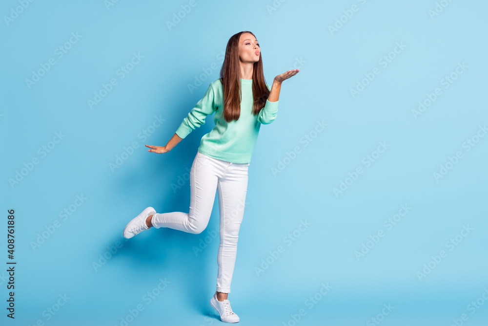 Full length body size view of lovely cheerful girl jumping sending air ...