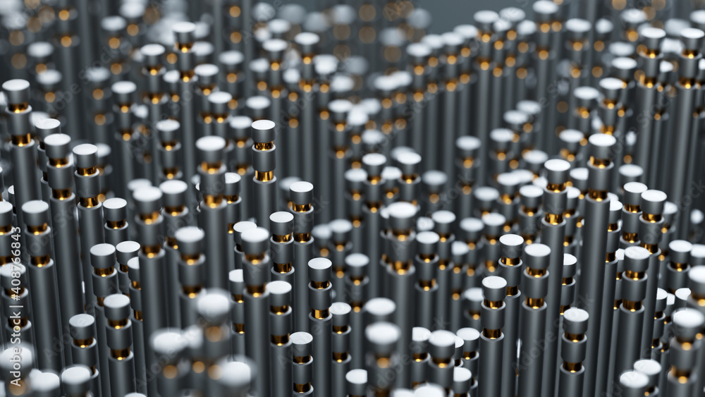 Abstract dark mettal cylinders with golden. looped video background. 3d ...