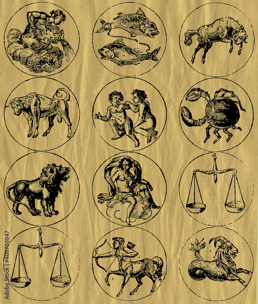 Vector set with zodiac signs on old paper background and retro vintage ...