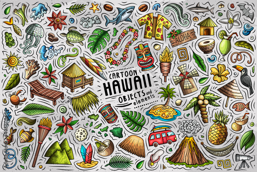 Colorful vector doodle cartoon set of Hawaii objects and symbols Stock ...