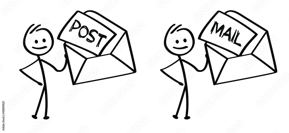 Happy smile stickman, envelope with letter in his hand. Post box or ...