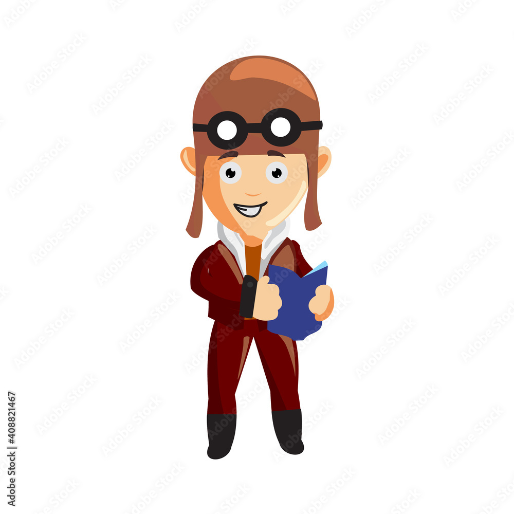 pilot character Holding Book illustration use helmet headphones and ...