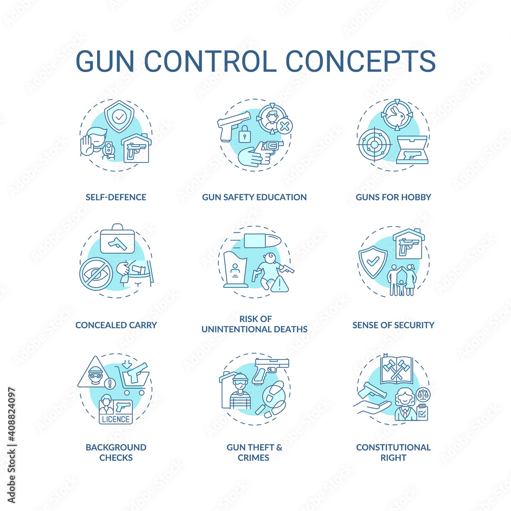 Gun control turquoise concept icons set. Self defense. Safety education ...