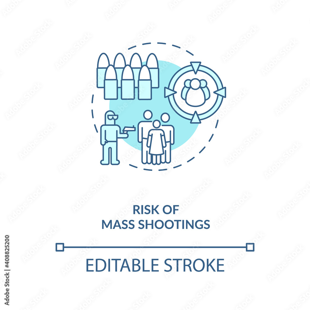 Risk of mass shooting turquoise concept icon. Terrorist with firearm ...