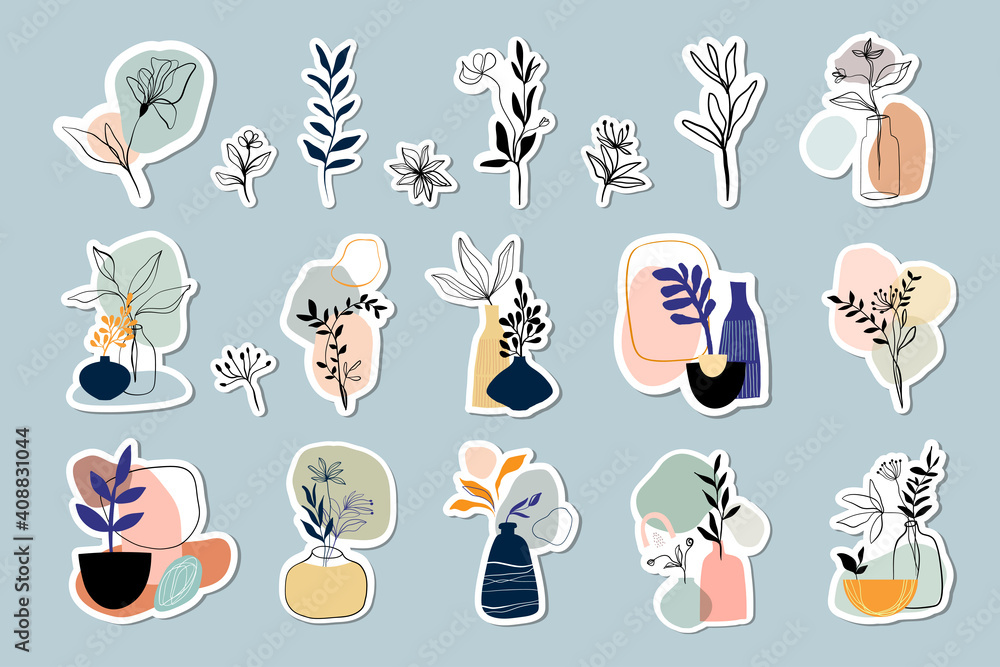 Abstract stickers collection with modern line art shapes, contemporary ...