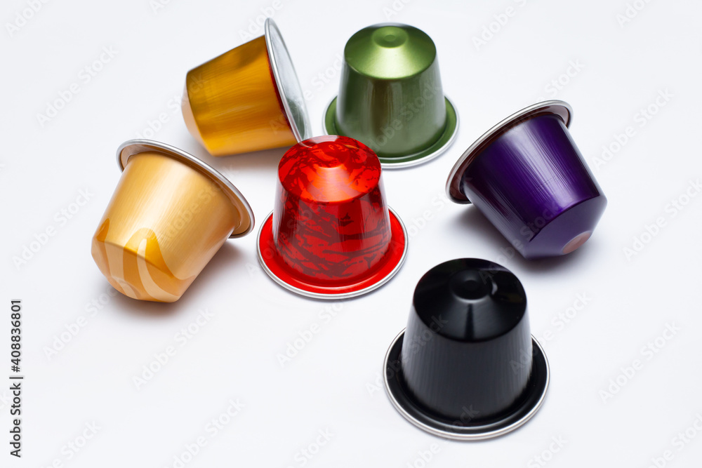 Colorful instant coffee capsules sealed with foil. isolated on white ...