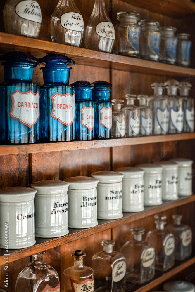 Bottles with drugs from old medical, chemical and pharmaceutical glass ...