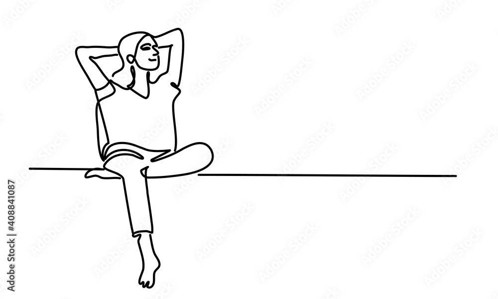 Continuous line drawing of young woman relaxing and holding hands ...