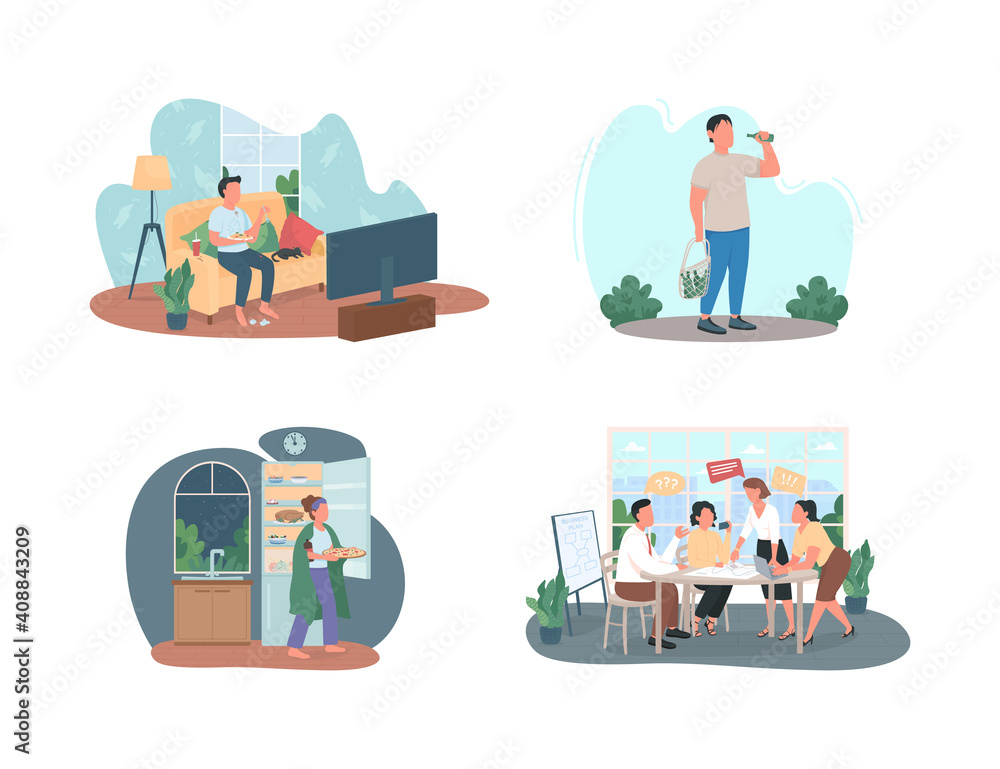 Bad habits 2D vector web banner, poster set. Substance abuse. People ...