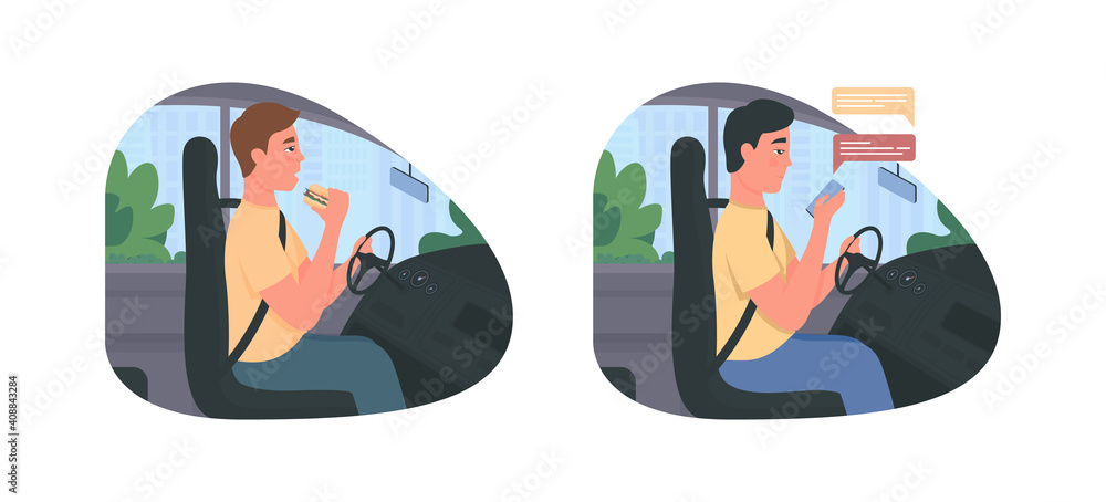 Distracted driving 2D vector web banner, poster set. Accident risk ...
