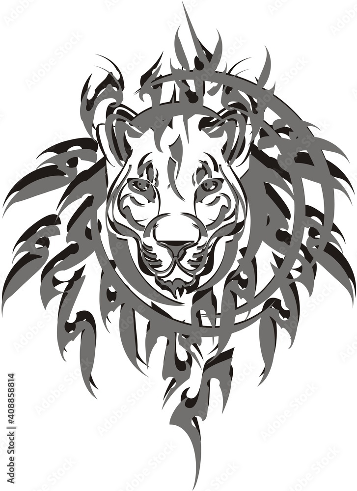 Gray lion head symbol on the white. Dirty lion head flames for sport ...