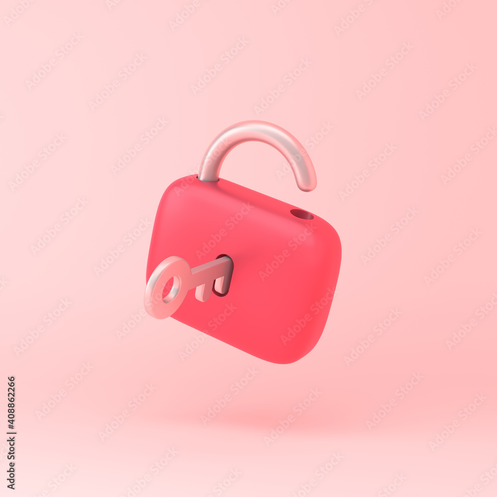 Lock icon with key simple 3d illustration on pastel abstract background ...