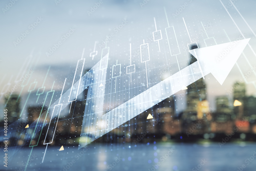 Abstract creative financial diagram and upward arrow hologram on blurry ...