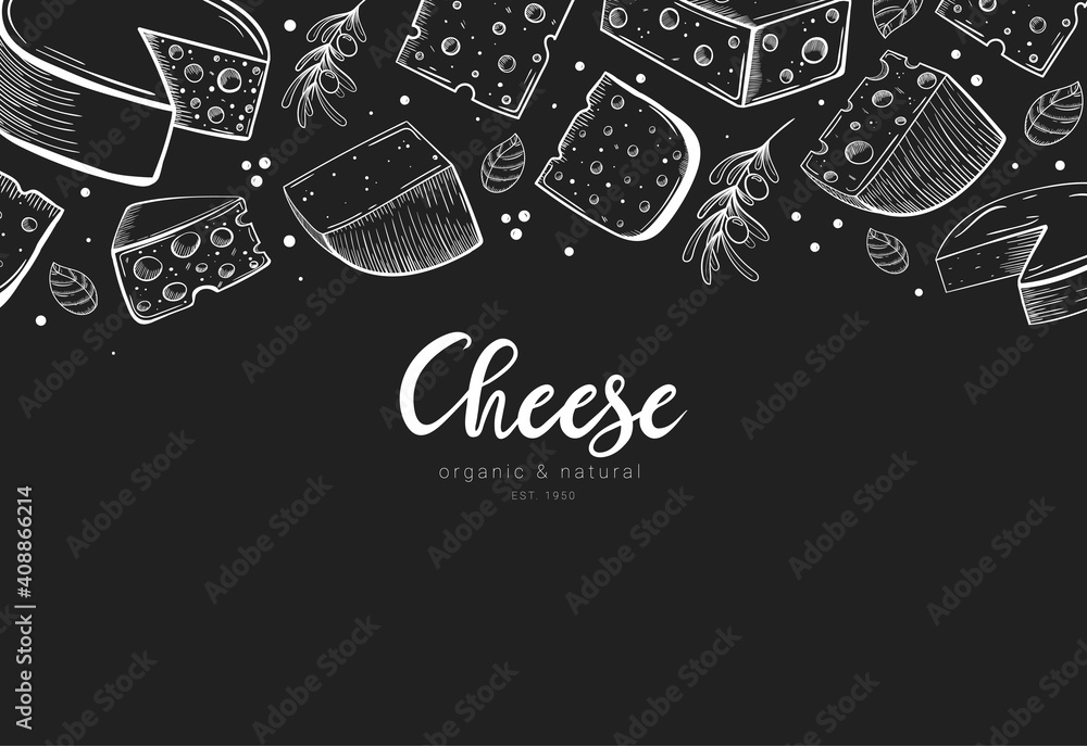 Hand drawn cheese set banner template with lettering on chalkboard ...