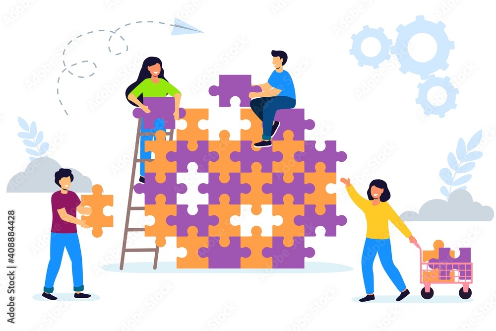 Teamwork business concept Tiny people connecting puzzle elements Team ...