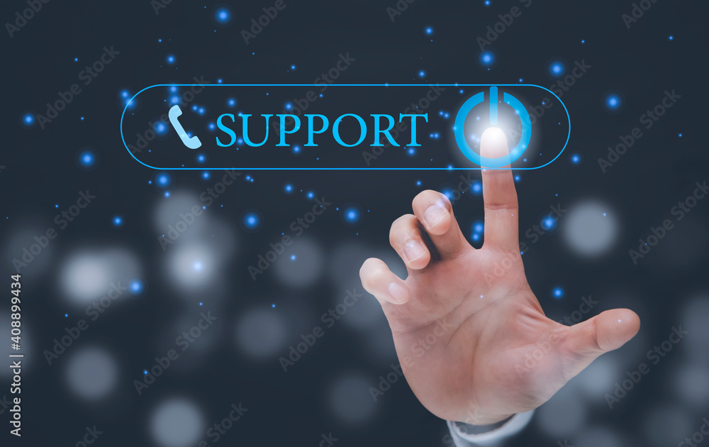 Business man press Support button on virtual screen in the slide bar to ...