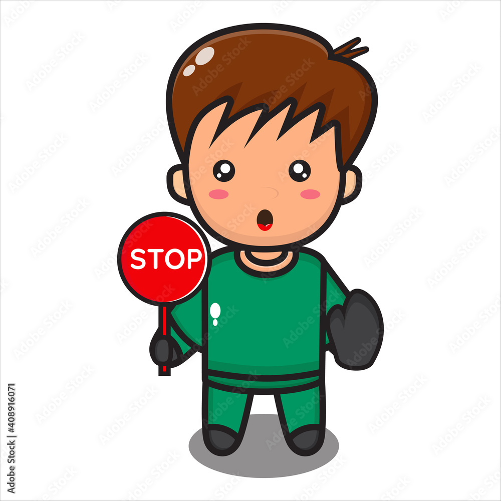cute boy mascot with stop sign, cartoon male character vector eps 10 on ...