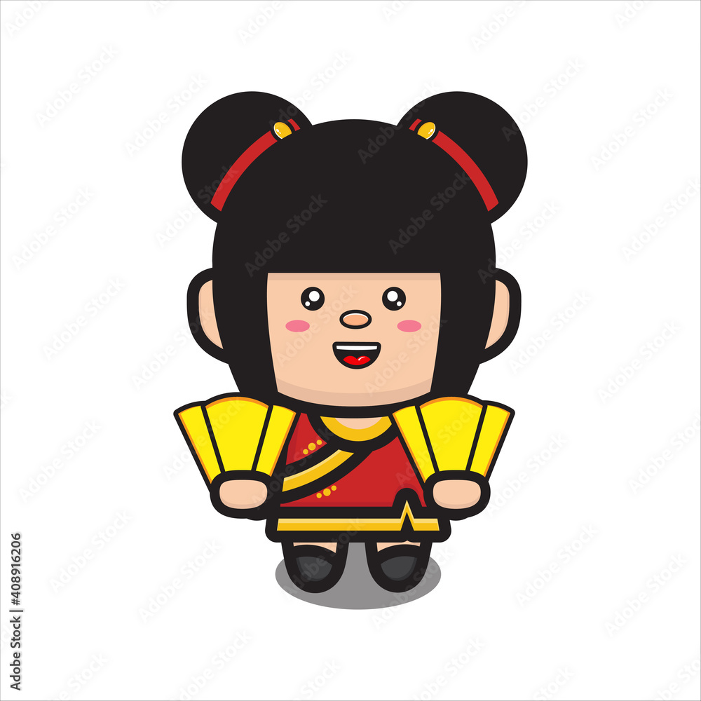 cute chinese girl in traditional costume with chinese fan, mascot ...