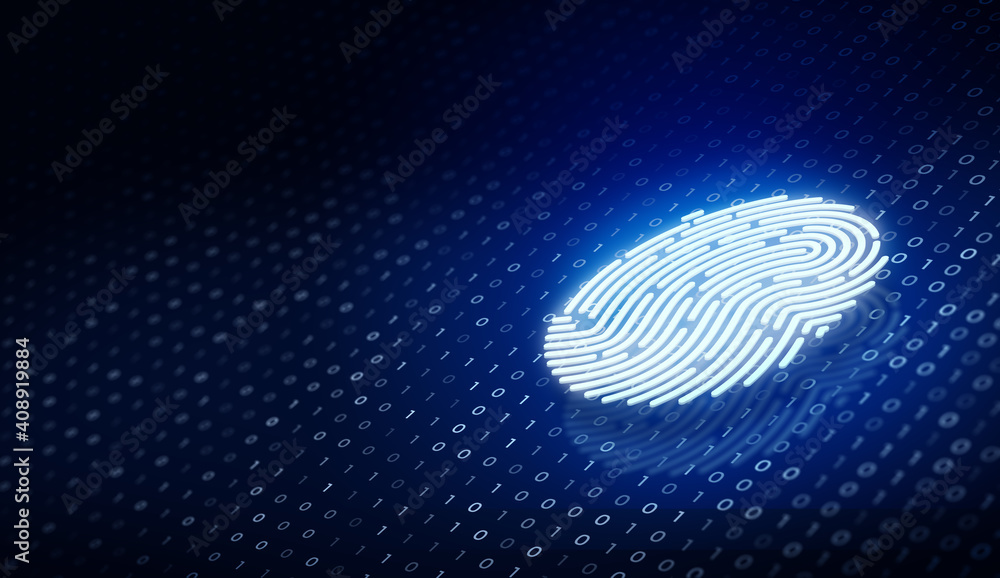 Future security technology. Fingerprint scan provides security access with binary code on deep ...