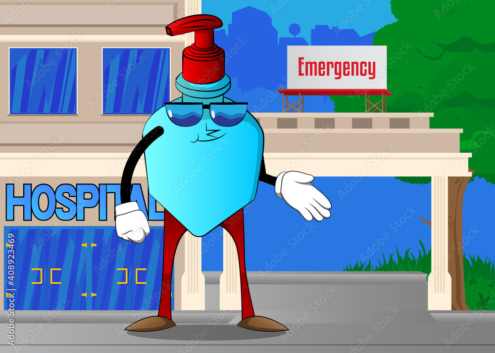 Cartoon bottle of hand sanitizer gel for hygiene with face giving a ...