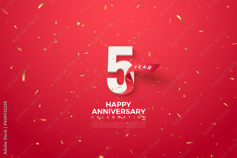 5th Anniversary with numbers and a curved red ribbon next to the ...