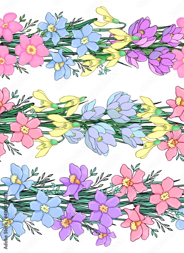 Seamless floral border. Set of isolated vector botanical elements. Hand ...