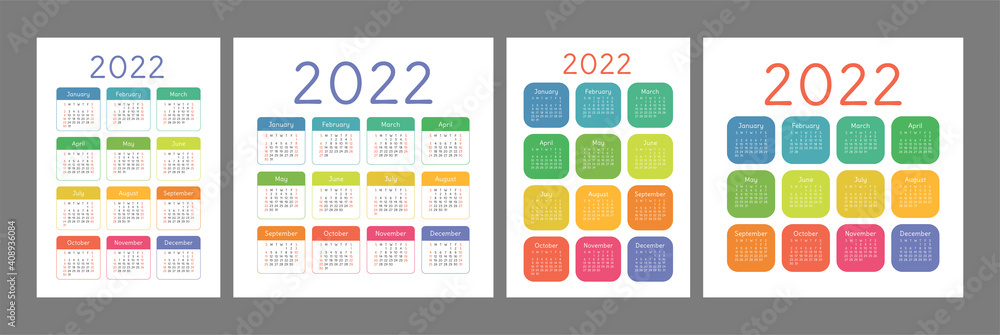 Pocket calendar 2022 year. Portrait orientation. English colorful ...